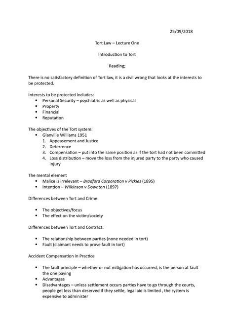 Tort Law Lecture One Introduction To Tort Law Tort Law Lecture
