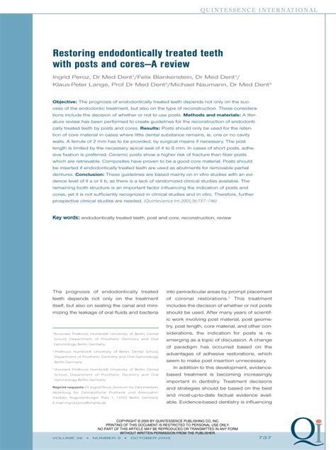 Pdf Restoring Endodontically Treated Teeth With Posts And Cores A Review