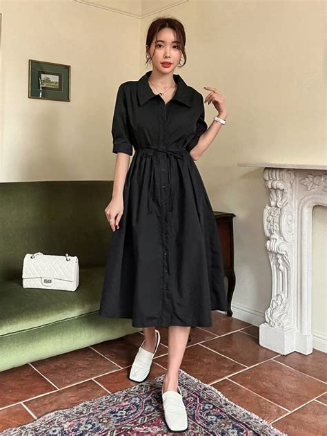 Dazy Bishop Sleeve Belted Shirt Dress Shirt Dress Belted Shirt Dress