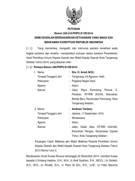 Putusan Sidang Putusan Perkara Nomor 209 210 Phpu D Viii 2010 Telah