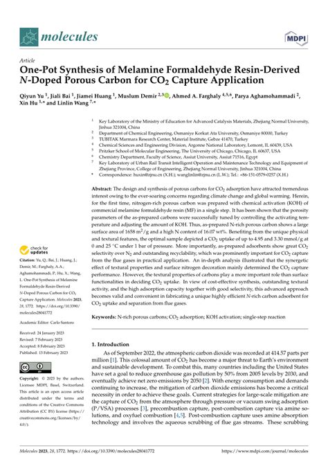 Pdf One Pot Synthesis Of Melamine Formaldehyde Resin Derived N Doped Porous Carbon For Co2