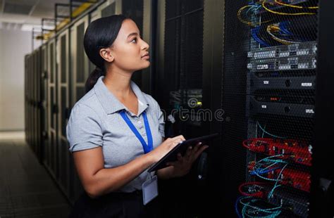 Woman Engineering Tablet And Server Room Data Center Inspection Or