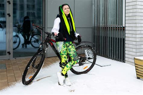 Woman Standing Next To Bike In Snow Stock Image Image Of Environment