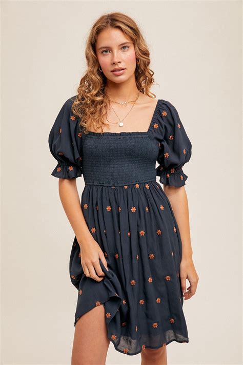 Navy Blue Floral Embroidered Smocked Maternity Dress Pinkblush