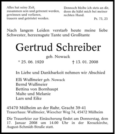 Traueranzeigen Von Gertrud Schreiber Trauer In Nrw De
