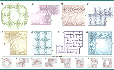 Maze Puzzle Activities Graphs Set With Solutions 32401534 Vector Art At