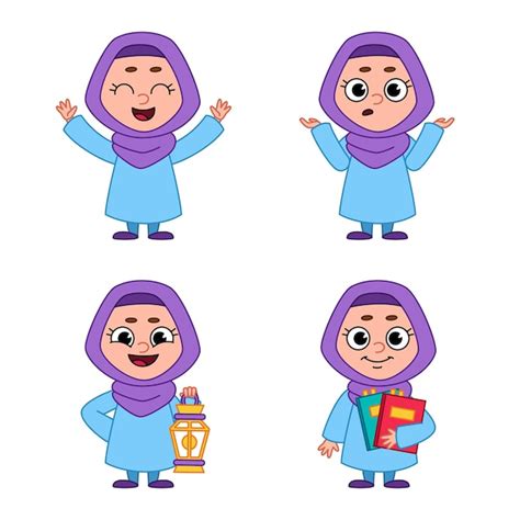 Conjunto De Desenho Animado Menina Muçulmana Cumprimentando Sorrindo