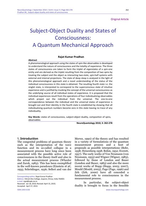 Pdf Subject Object Duality And States Of Consciousness A Quantum
