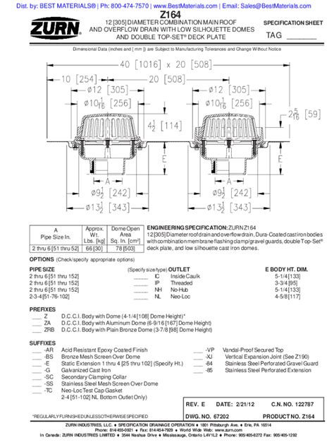 Fillable Online Zurn Z164 Dual Overflow 12 Inch Roof Drains Dist By