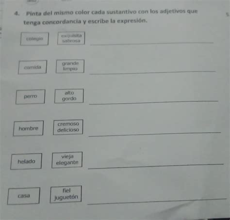 1 Pinta Del Mismo Color Cada Sustantivo Con Los Adjetivos Que Tenga