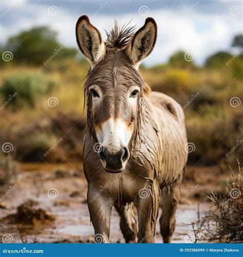African Donkey Close Up The Animal Looks At The Camera Stock