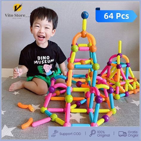 Jual COD64Pcs Mainan Magnet Stick Balls Anak Dengan Kotak Magnetic