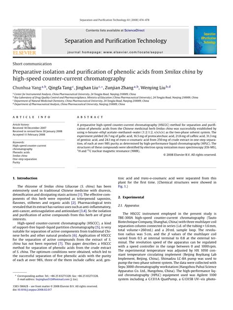 Pdf Preparative Isolation And Purification Of Phenolic Acids From Smilax China By High Speed
