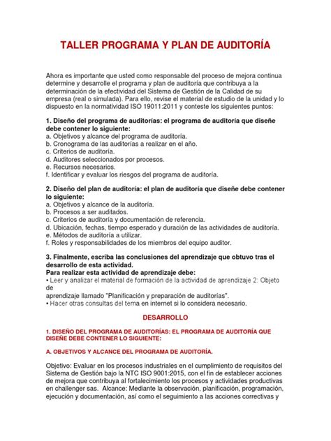 Taller Programa Y Plan De Auditoría Pdf Auditoría Sistema De