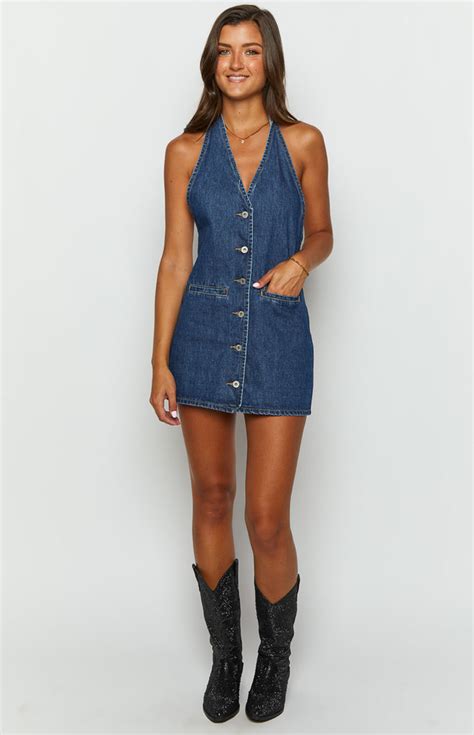 Corbin Denim Halter Neck Mini Dress Beginning Boutique