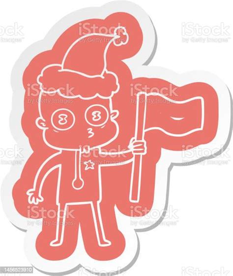 산타 모자를 쓰고 깃발을 가진 이상한 대머리 우주인의 기발한 만화 스티커 귀여운에 대한 스톡 벡터 아트 및 기타 이미지 귀여운 기 기이함 Istock