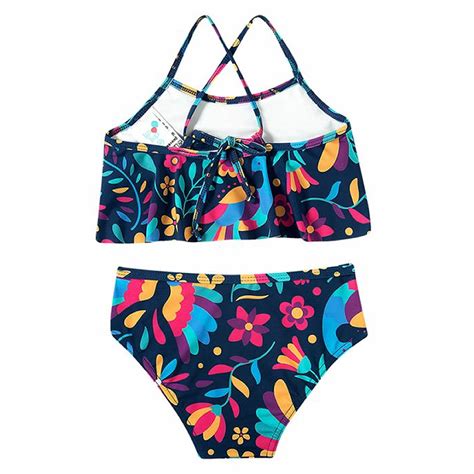 Biquíni Infantil Top Tirinhas E Babado Azul Marinho Flores Tip Top