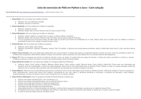 Pdf Lista De Exercícios De Poo Em Python E Java Com Soluçãosolução