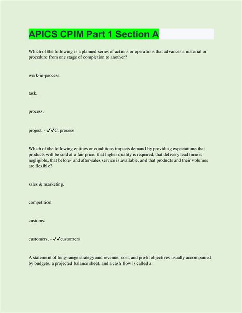 APICS CPIM Part 1 Section A Questions With 100 Correct Answers