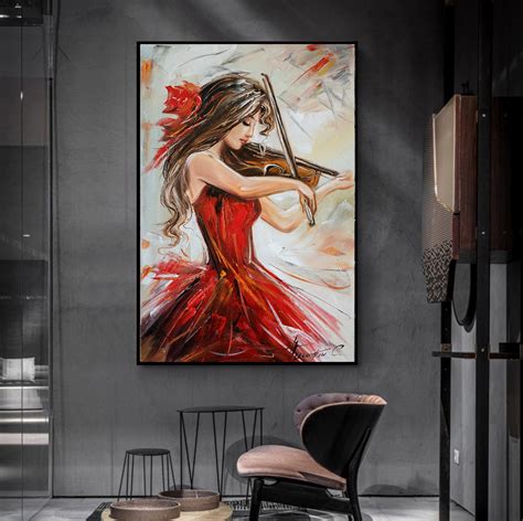 Red Woman Art Girl Playing Violin Digital Print Contemporary Etsy