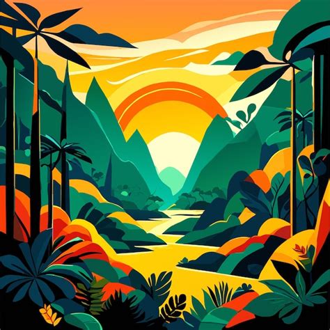 Premium Vector Tropical Forest Sunset Illustration