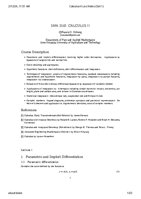 Calculus Ii Lec Notes Set 1 Sma 2102 Calculus Ii Cfrancis O