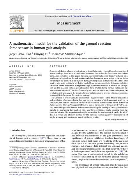 Pdf A Mathematical Model For The Validation Of The Ground Reaction Force Sensor In Human Gait