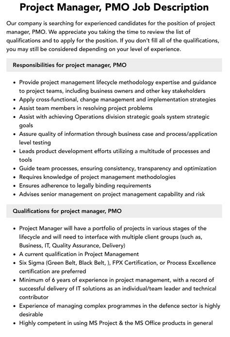 Project Manager Pmo Job Description Velvet Jobs