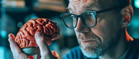 Insights intelectuais a mente curiosa de um nerd adulto examinando um modelo de cérebro humano