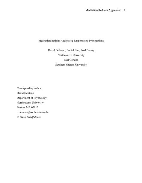PDF Meditation Inhibits Aggressive Responses To Provocations