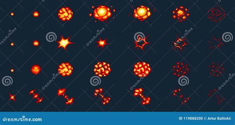 Pixel Art Explosions Game Icons Set Comic Boom Flame Effects For