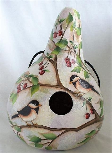 Chickadee With Red Cherries Gourd Birdhouse Hand Painted