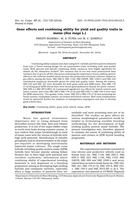Pdf Gene Effects And Combining Ability For Yield And Quality Traits In Maize Zea Mays L