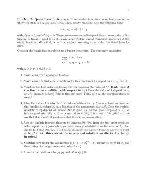 Solved Problem Quasi Linear Preferences In Economics It Chegg