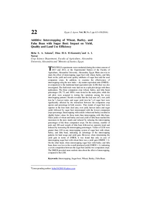 Pdf Additive Intercropping Of Wheat Barley And Faba Bean With Sugar Beet Impact On Yield