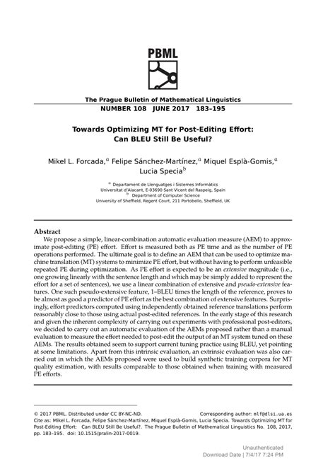 Pdf Towards Optimizing Mt For Post Editing Effort Can Bleu Still Be Useful