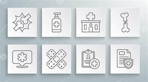 Set Line Location Hospital Antibacterial Soap Crossed Bandage Plaster