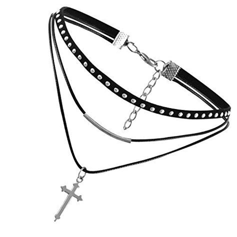 Flongo Choker Necklace For Women Punk Vintage Cross Pendant Band Choker Neckband Dual Strands