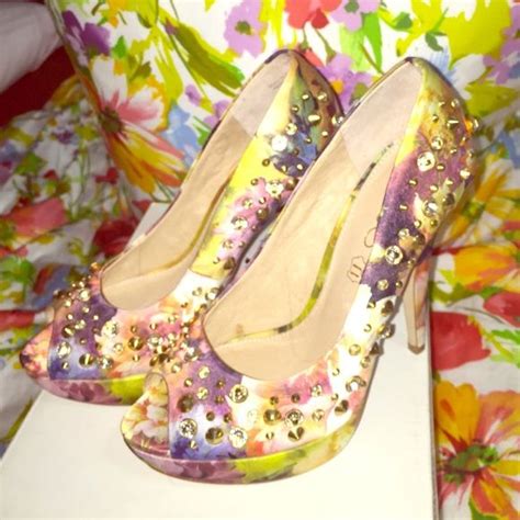 Floral Print Heels With Studs Womens Fashion