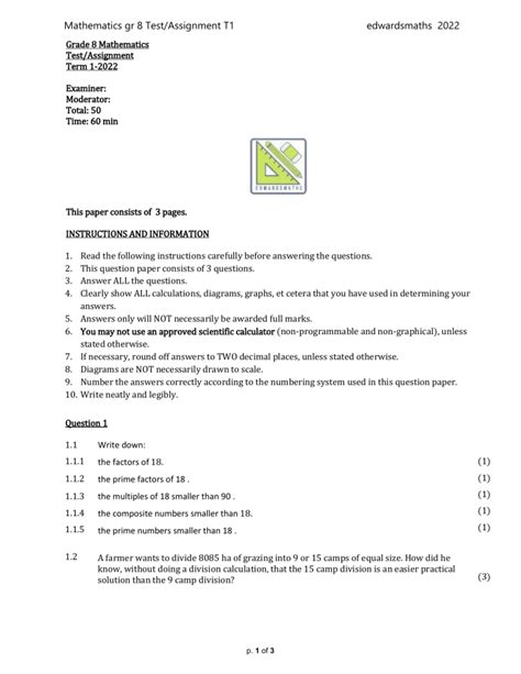 Grade 8 Math Test Factors Ratios Integers
