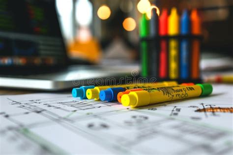 Vibrant Workspace With Laptop Colorful Markers And Design Sketches For Creative Projects Stock