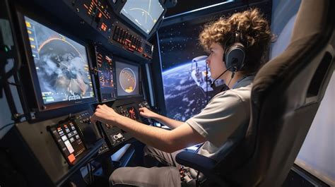 A Young Man In A Spaceship Simulator Controlling The Ship With His