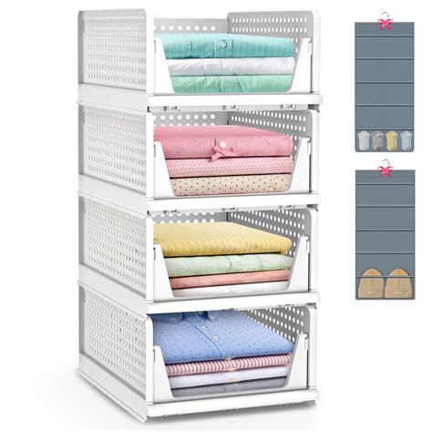 4 Pack Stackable Plastic Storage Basket With Free Hanging Closet