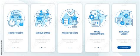 Microlearning Examples Blue Onboarding Mobile App Screen Walkthrough 5 Steps Editable Graphic