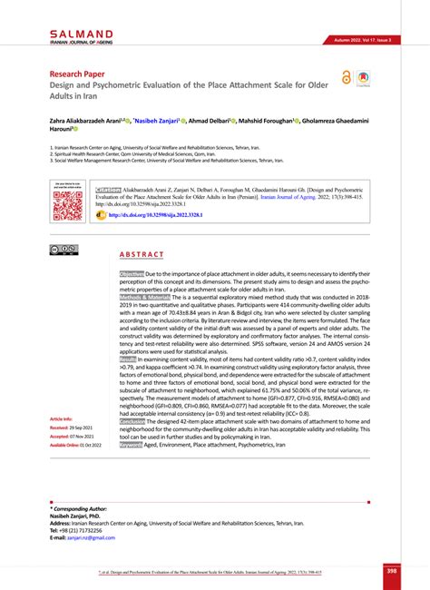 Pdf Design And Psychometric Evaluation Of The Place Attachment Scale