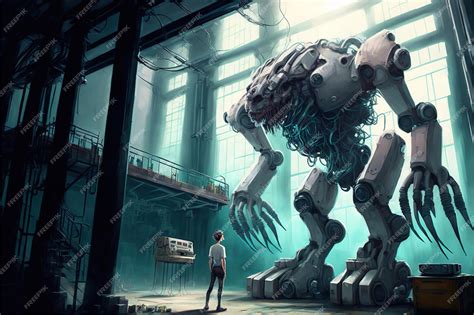 Premium Photo Scientist Standing Looking At A Gigantic Lab Robot