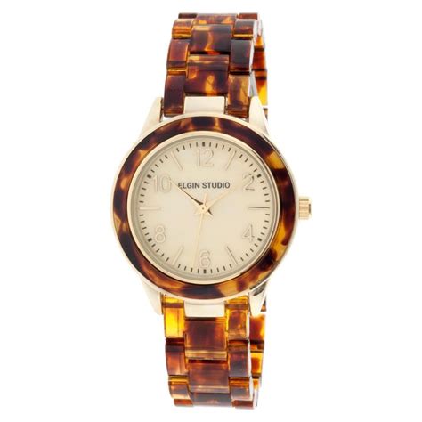 Elgin Ladies Gold Tone Tortoise Shell Link Bracelet Watch W Gold Tone