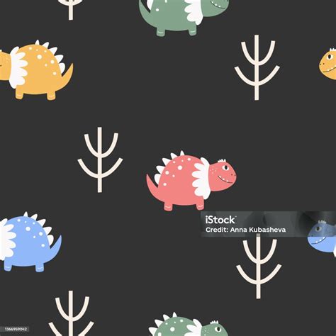 다양한 공룡 산 화산 야자수 구름귀여운 원활한 패턴 패브릭을 위한 창의적인 유치한 배경 0명에 대한 스톡 벡터 아트 및 기타 이미지 Istock