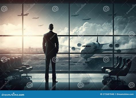Businessman Waiting For His Flight To Depart With View Of The Airport