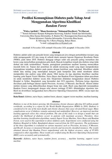 Pdf Prediksi Kemungkinan Diabetes Pada Tahap Awal Menggunakan Algoritma Klasifikasi Random Forest